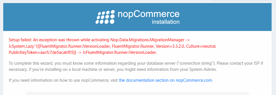 Setup failed: An exception was thrown while activating Nop.Data ... Setup failed: An exception was thrown while activating Nop.Data ...